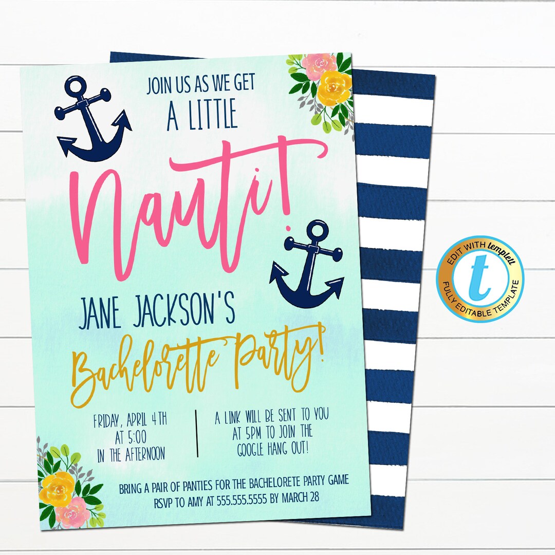 Nautical Bachelorette Party Invite, Let's Get Nauti Girls Coastal Beach ...