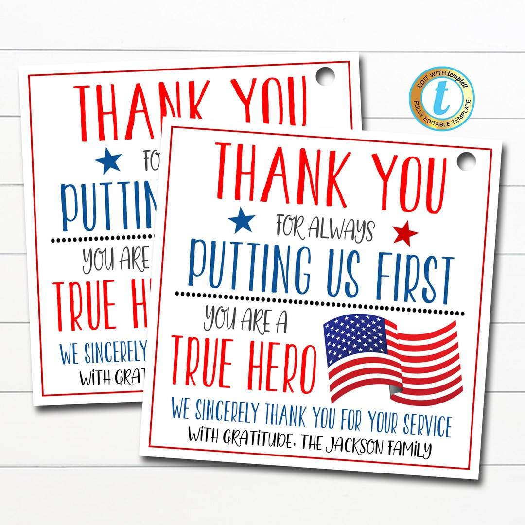 American Hero Appreciation Gift Tag, Thank You Gift Military Soldier ...