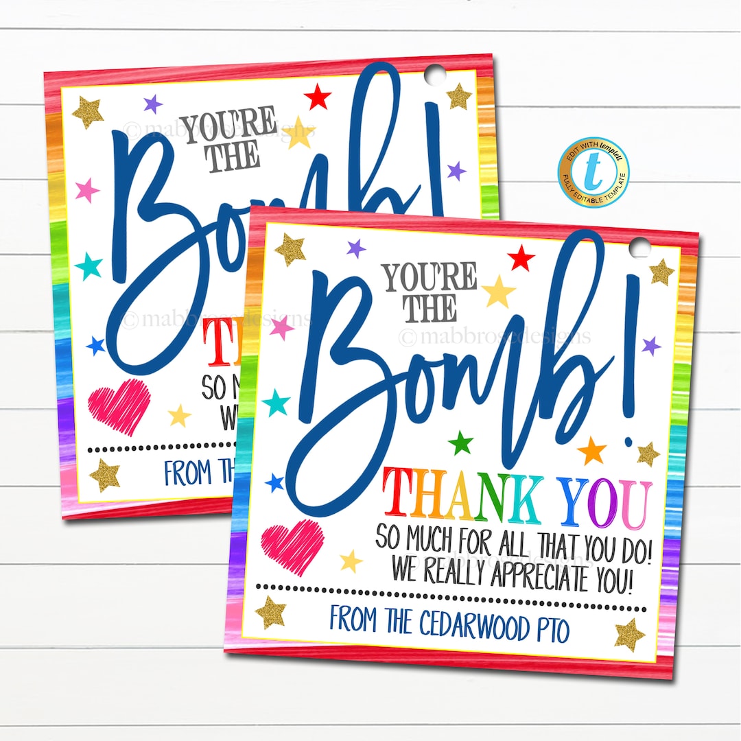 Appreciation Gift Tag, Thank You You're the Bomb, Teacher Employee ...