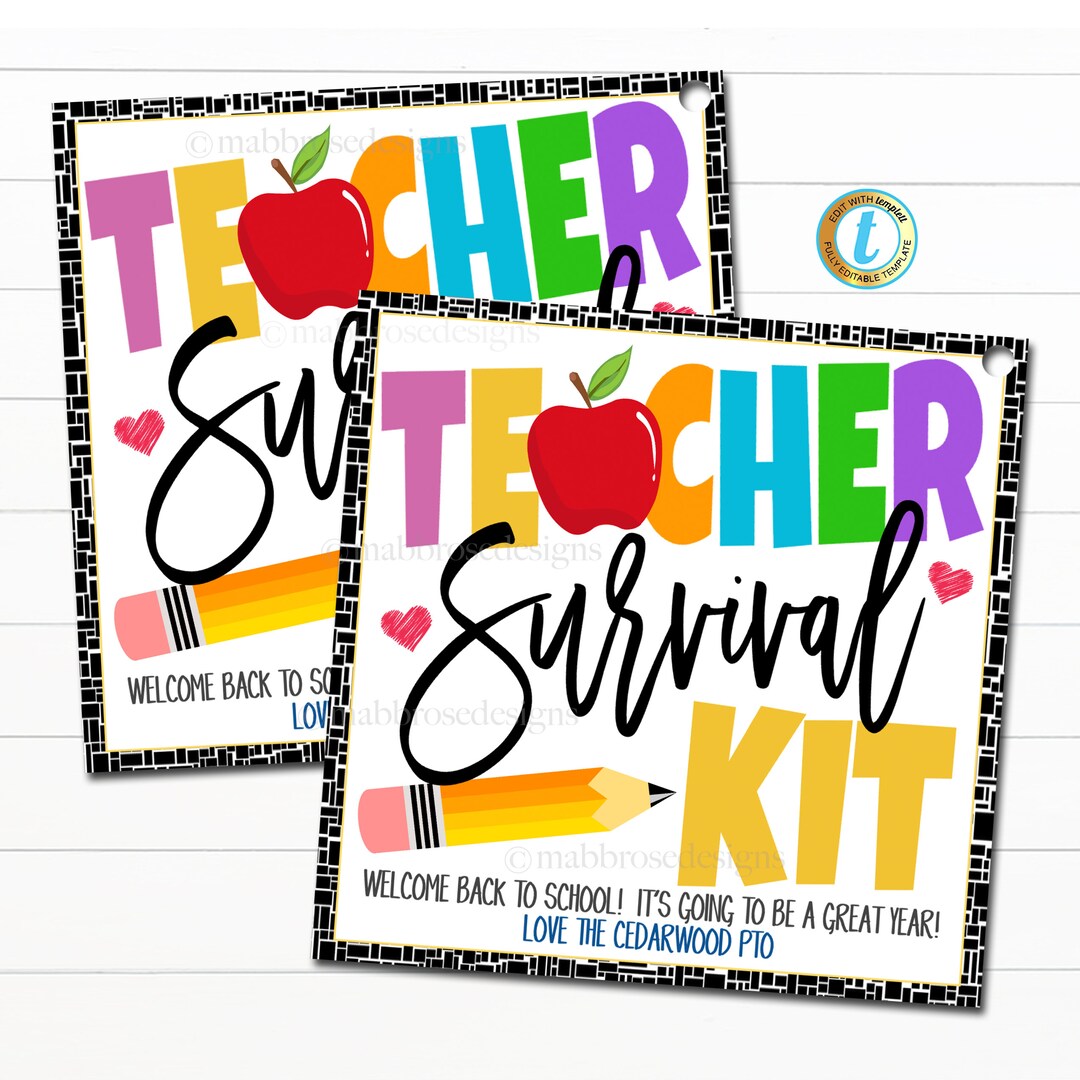 Teacher Survival Kit Gift Tags, Back to School Teacher Goodie Bag Tags ...