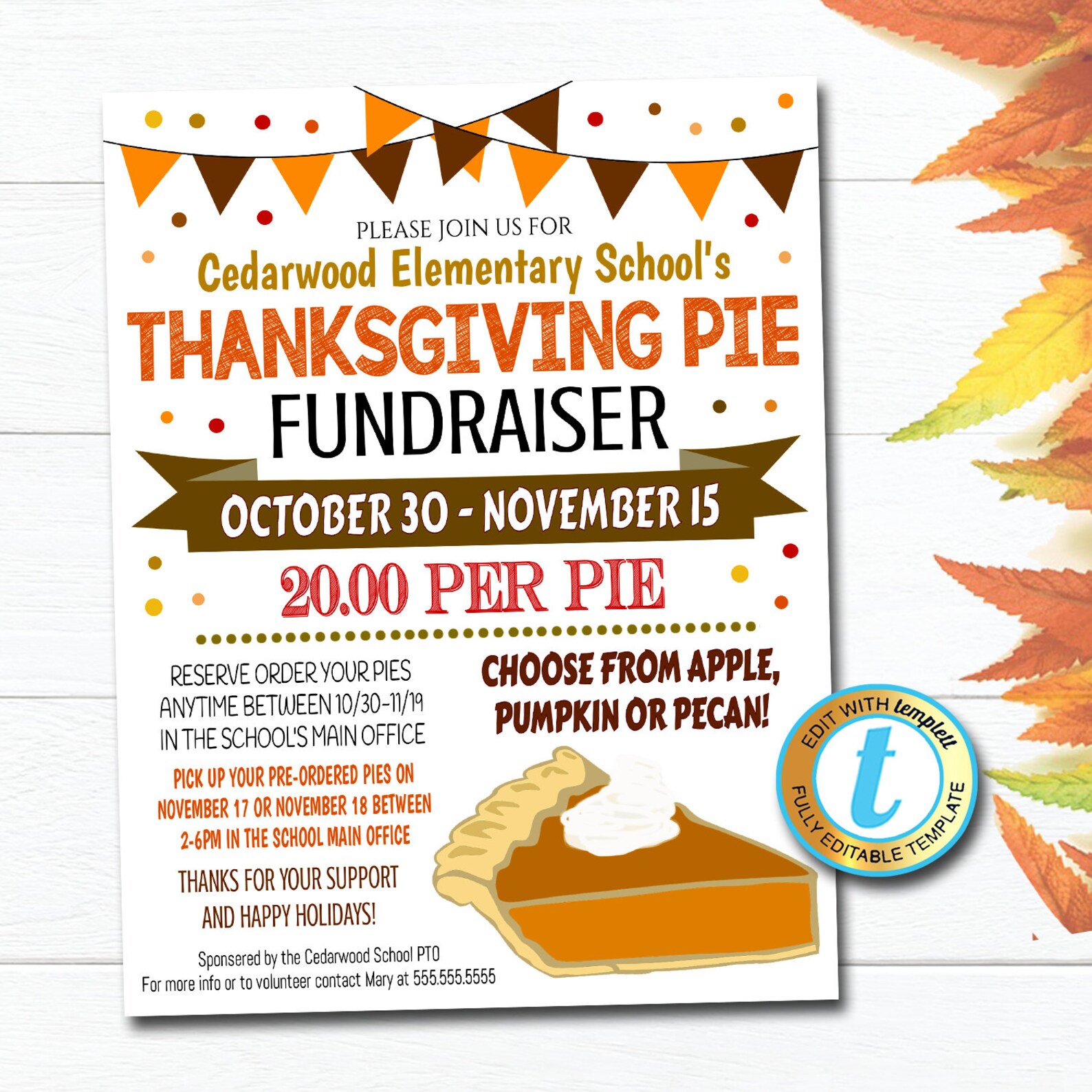 Thanksgiving Pie Fundraiser Flyer, Fall Pumpkin Pie Invitation, School ...