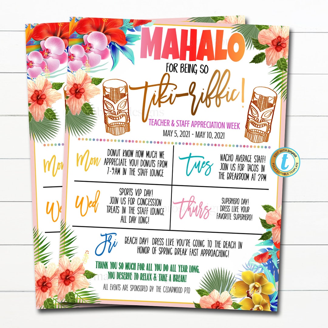 Luau Teacher Appreciation Week Itinerary, Tropical Hawaii You Are Tiki ...