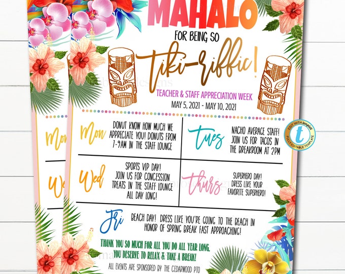 Luau Teacher Appreciation Week Itinerary, You Are Tiki-riffic Beach ...