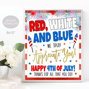 4th of July Thank You Printable Sign, Red White and Blue Appreciate You ...