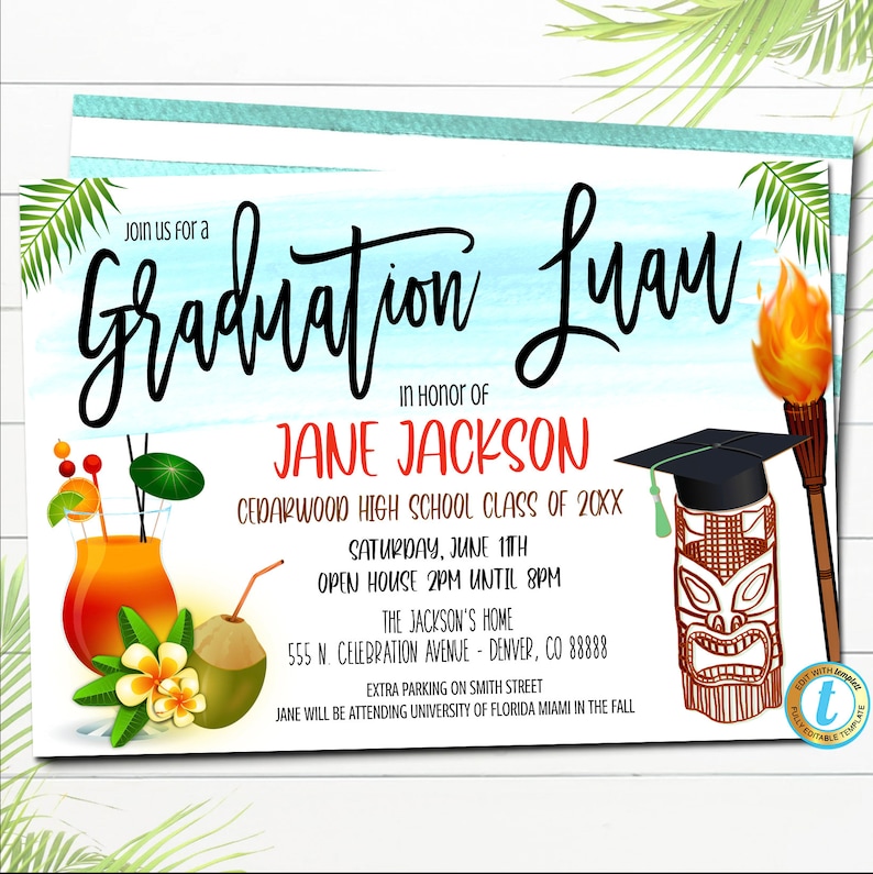 Editable Graduation Luau Celebration Invitation Printable - Etsy