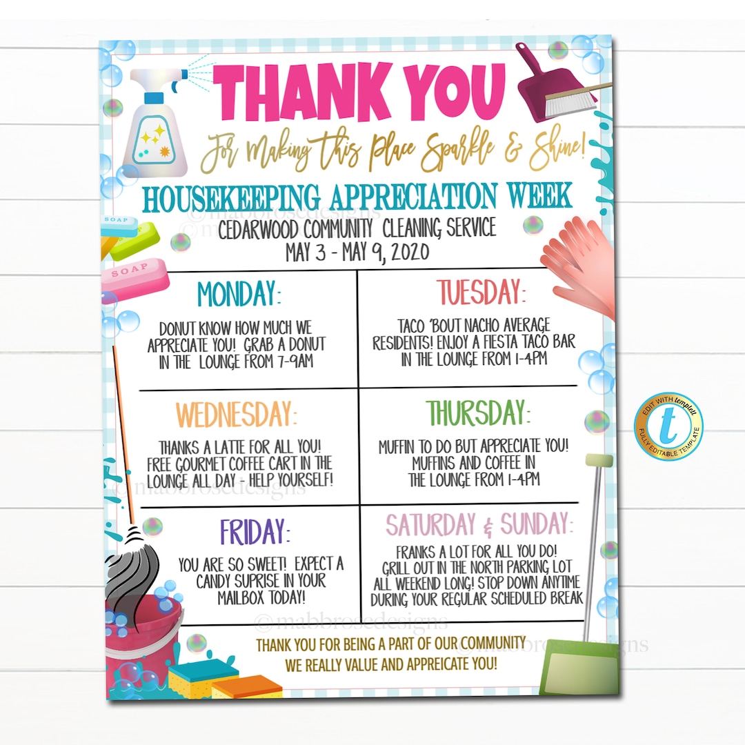 Housekeeping Appreciation Week Itinerary, Thank You Hospitality ...