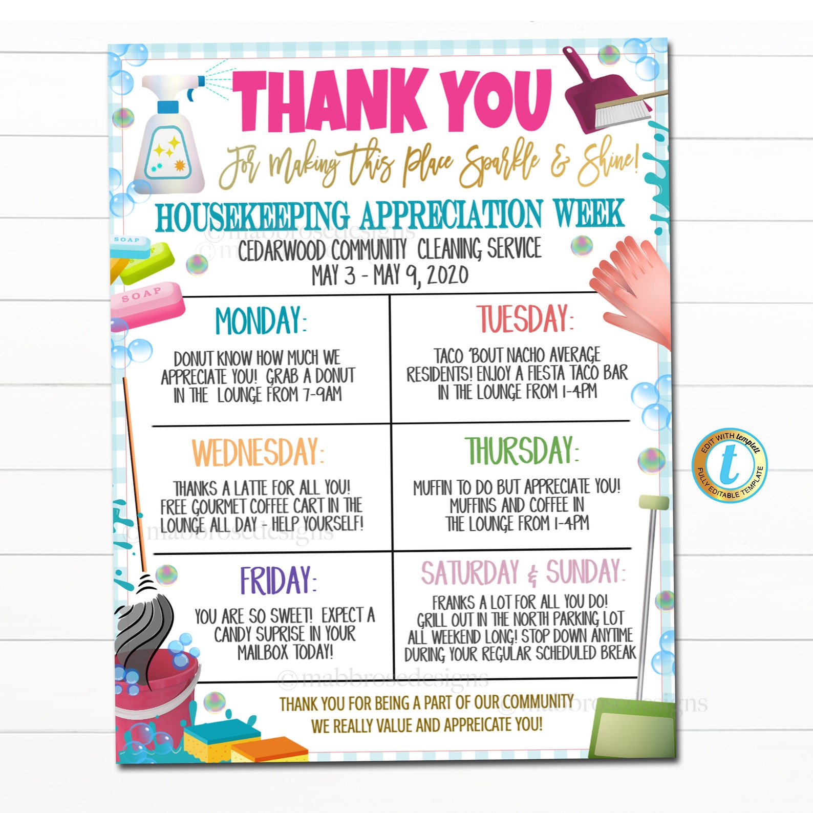 Housekeeping Appreciation Week Itinerary, Thank You Hospitality ...