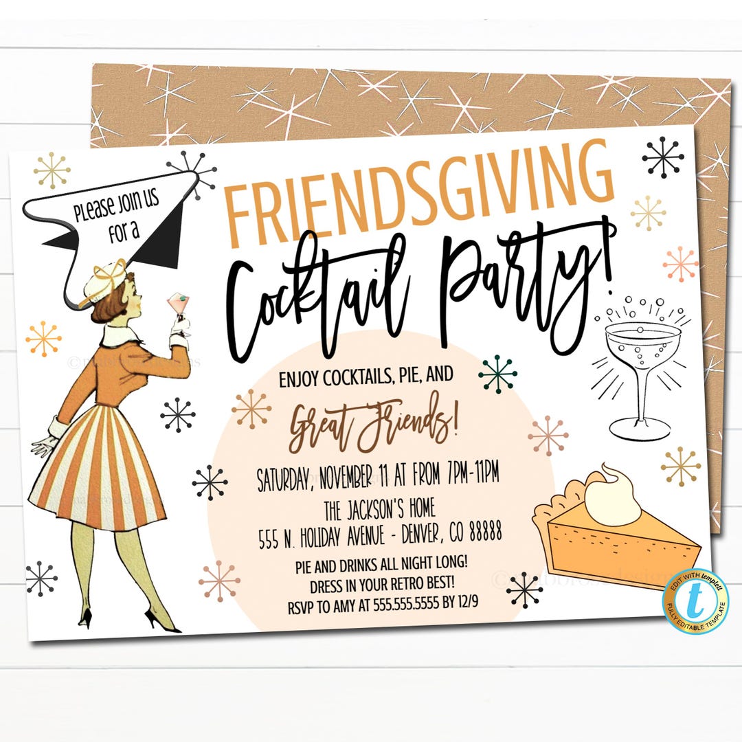 Retro Thanksgiving Cocktail Pie Party Invitation Vintage Friendsgiving ...