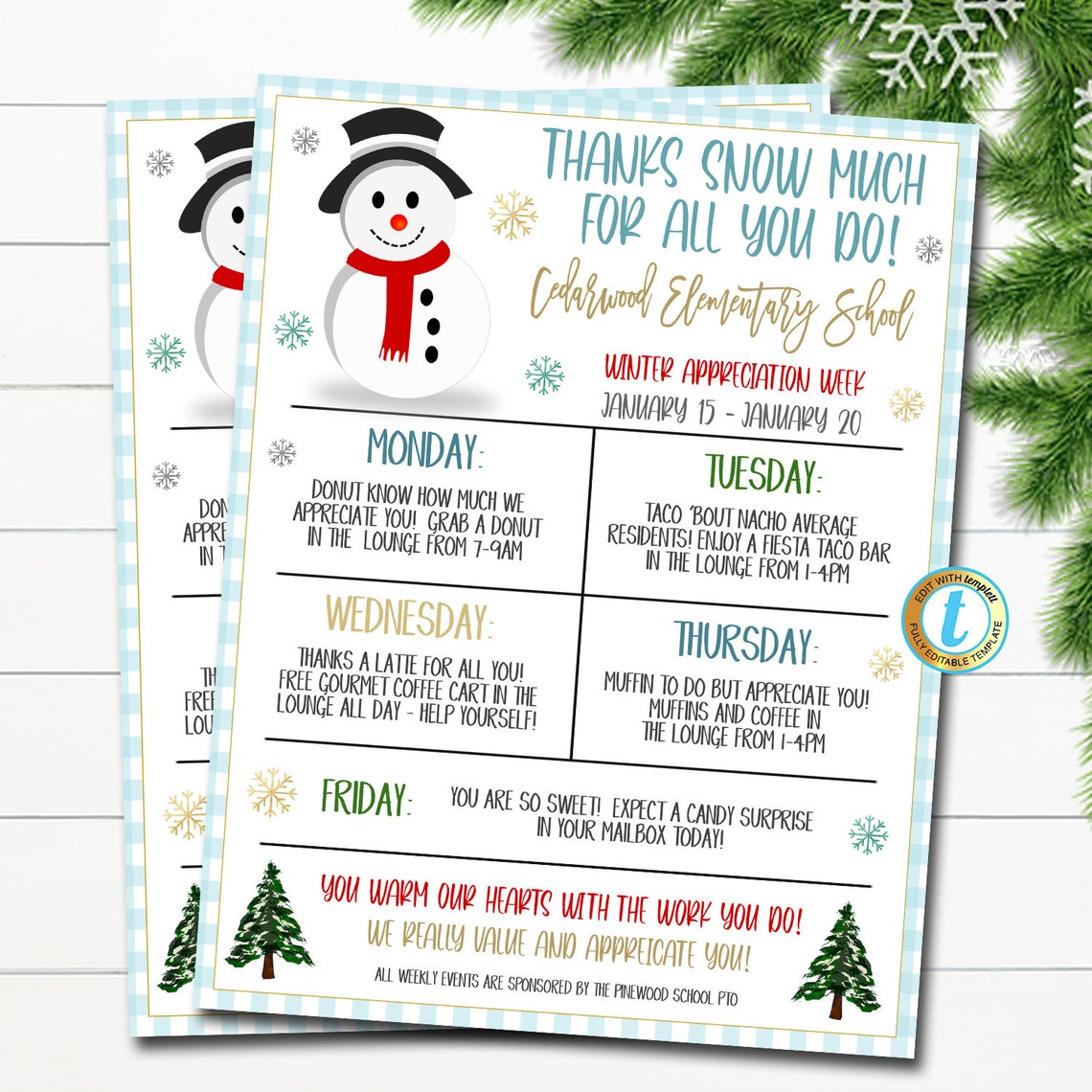 Printable Editable Holiday Teacher and Staff Appreciation Itinerary ...