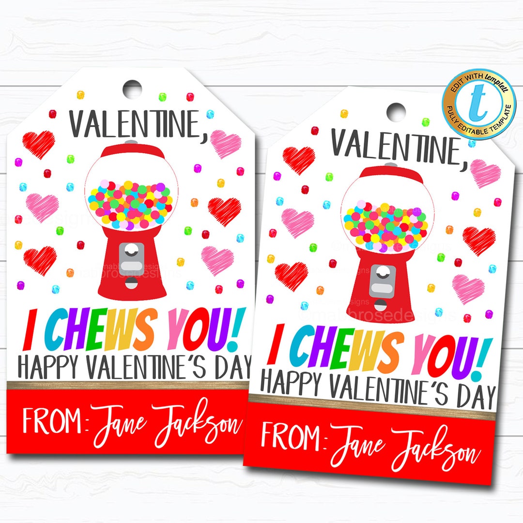 Valentine Bubble Gum Gift Tags, I Chews You Gum Candy Valentine Tag ...