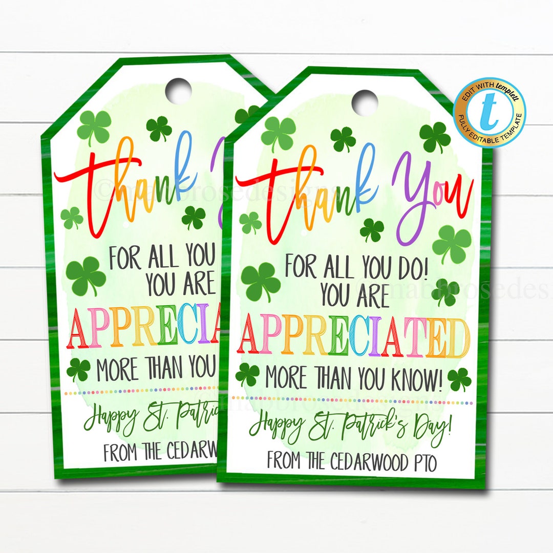 St. Patrick's Day Thank You Gift Tags, Teacher Staff Employee Nurse ...