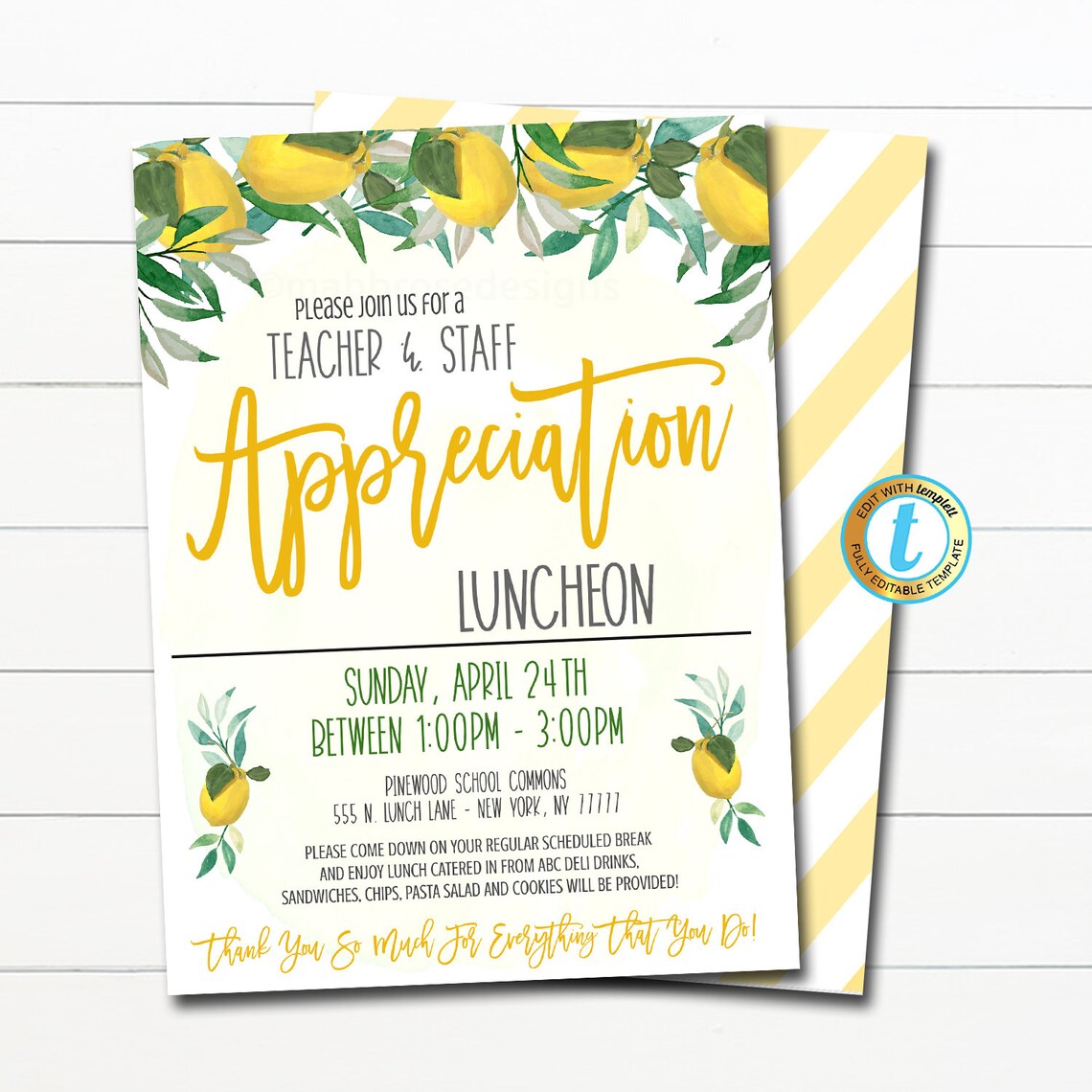 Teacher Appreciation Week Luncheon Invite Yellow Lemons - Etsy