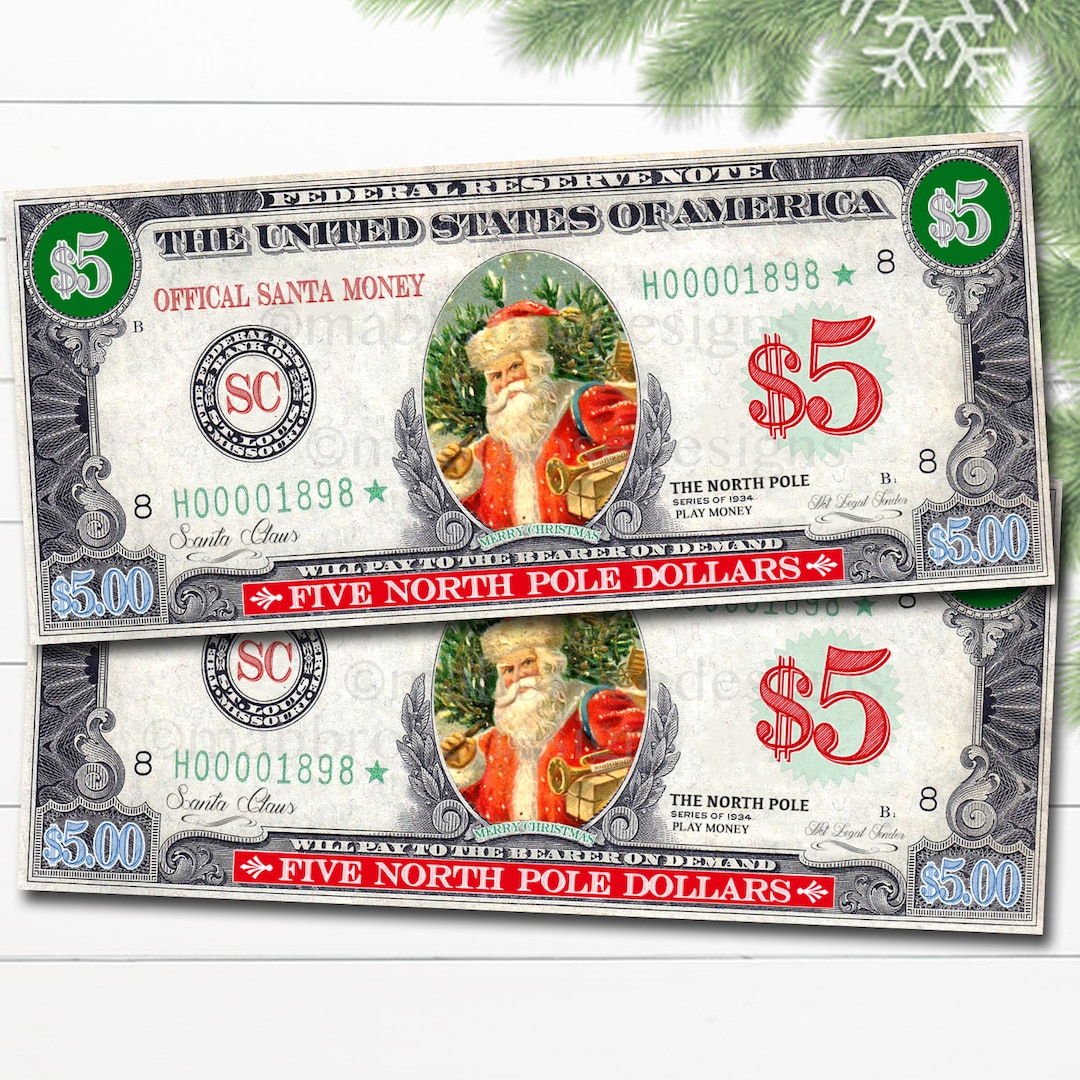 Printable North Pole Santa Money, Play Money, Christmas Dollar Bill ...