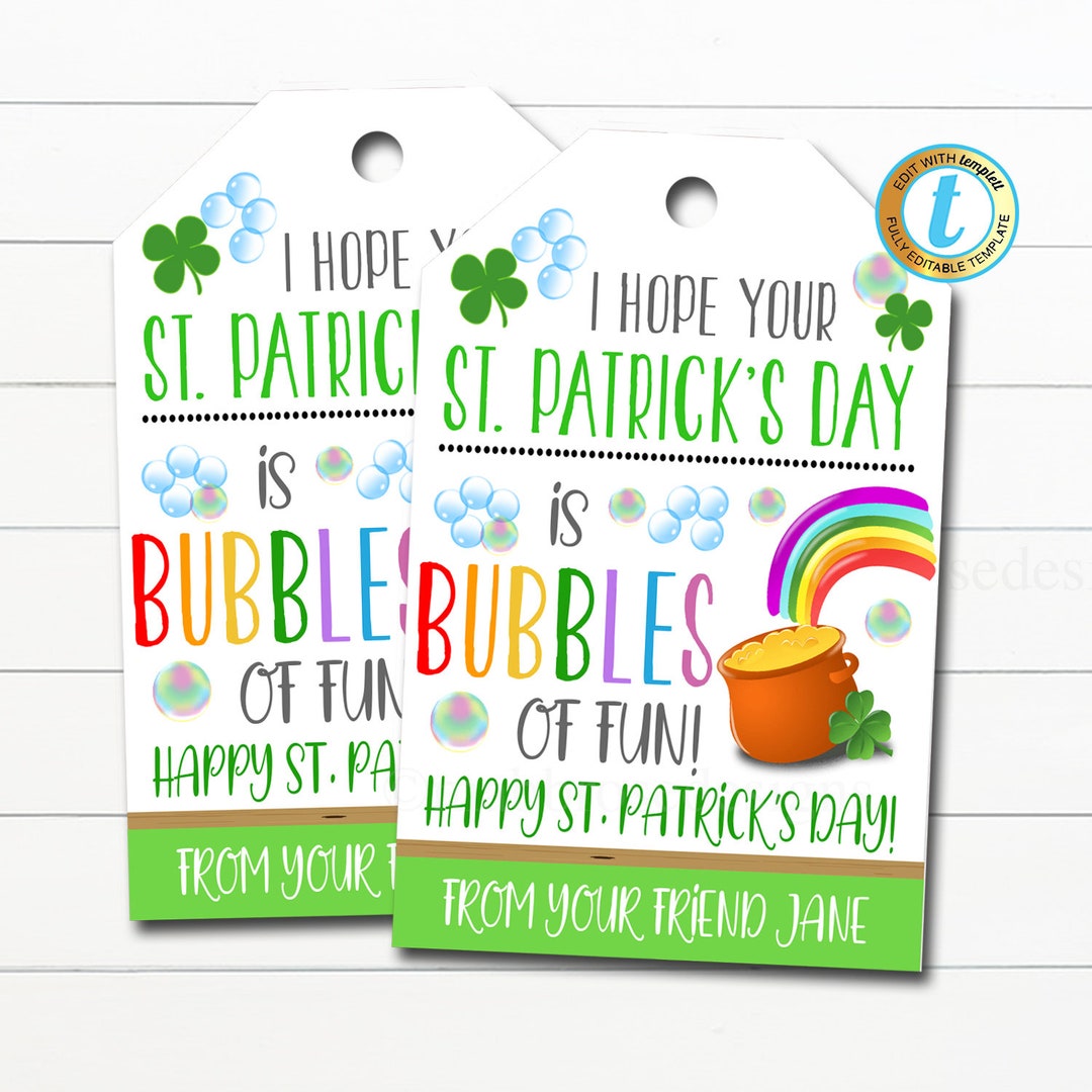 St. Patrick's Day Gift Tags, Bubbles of Fun Kids Friend Classroom ...
