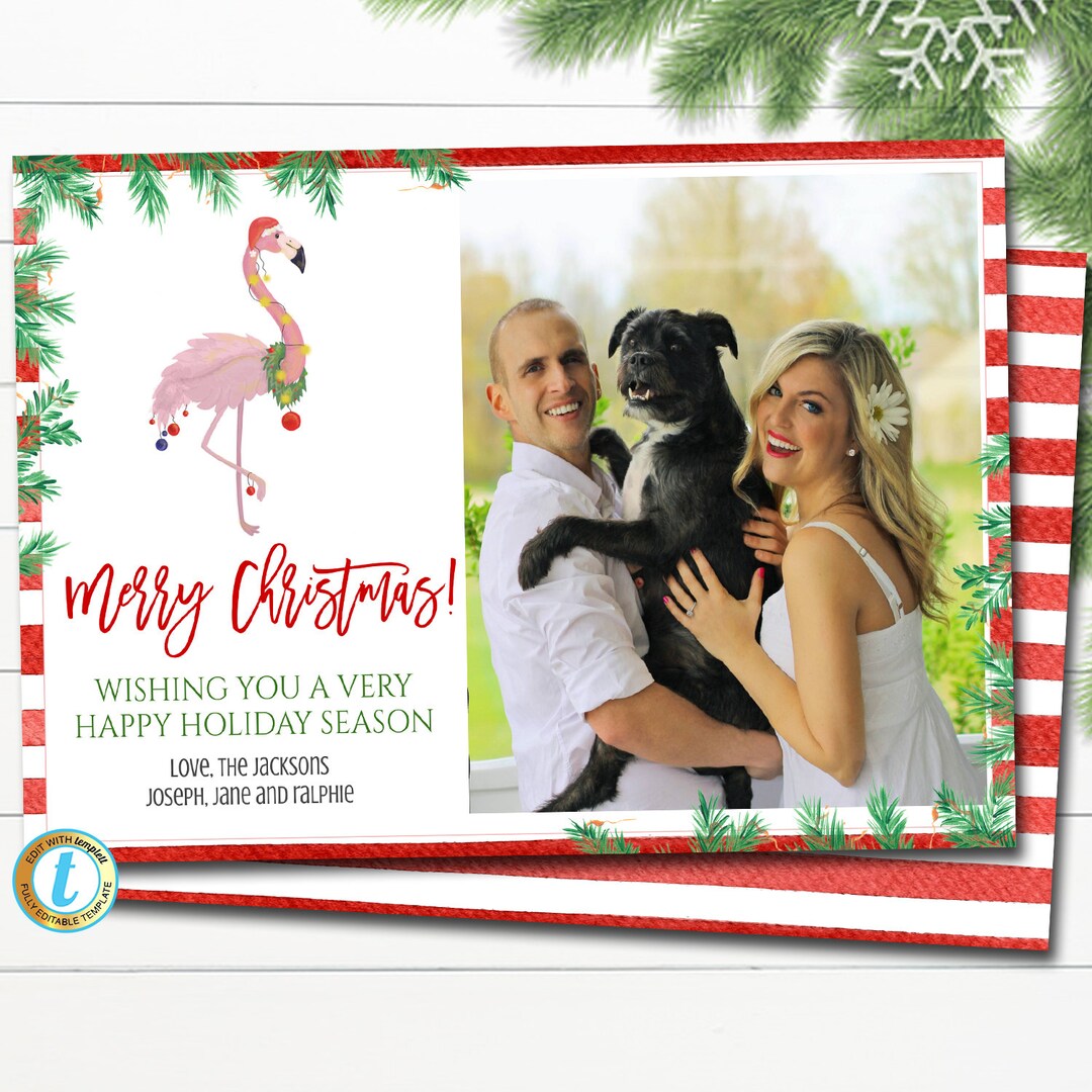 Holiday Photo Card Template, Christmas Preppy Flamingo Watercolor ...