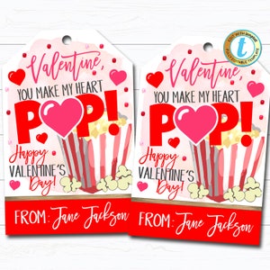 Valentine Popcorn Tags, You Make My Heart Pop Valentine Gift Tag, Gift ...