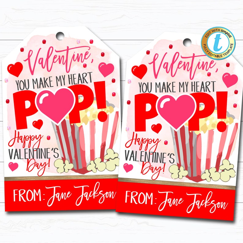 Valentine Popcorn Tags, You Make My Heart Pop Valentine Gift Tag, Gift ...
