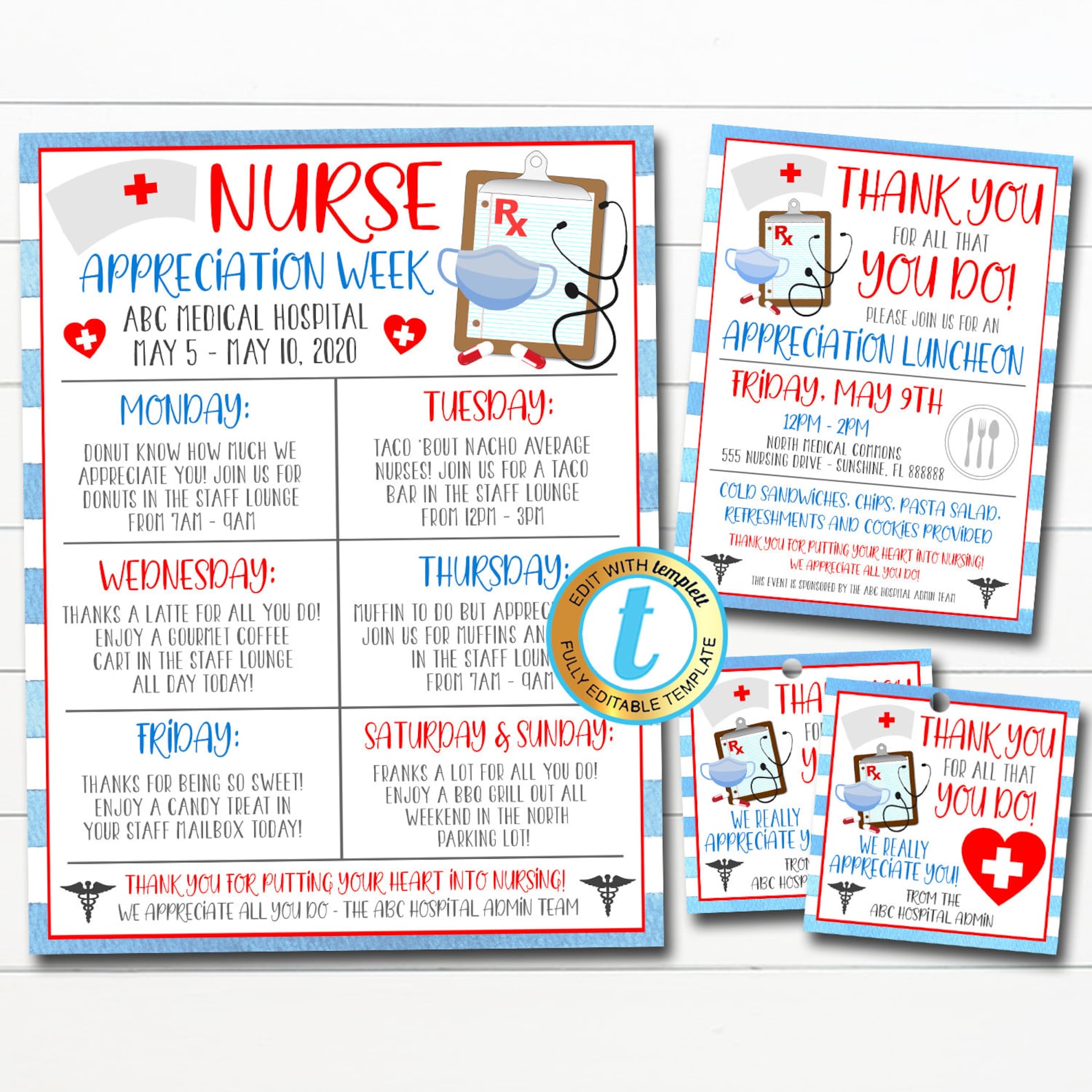 Nurse Appreciation Itinerary Set, Luncheon Invite, Thank You Tag ...
