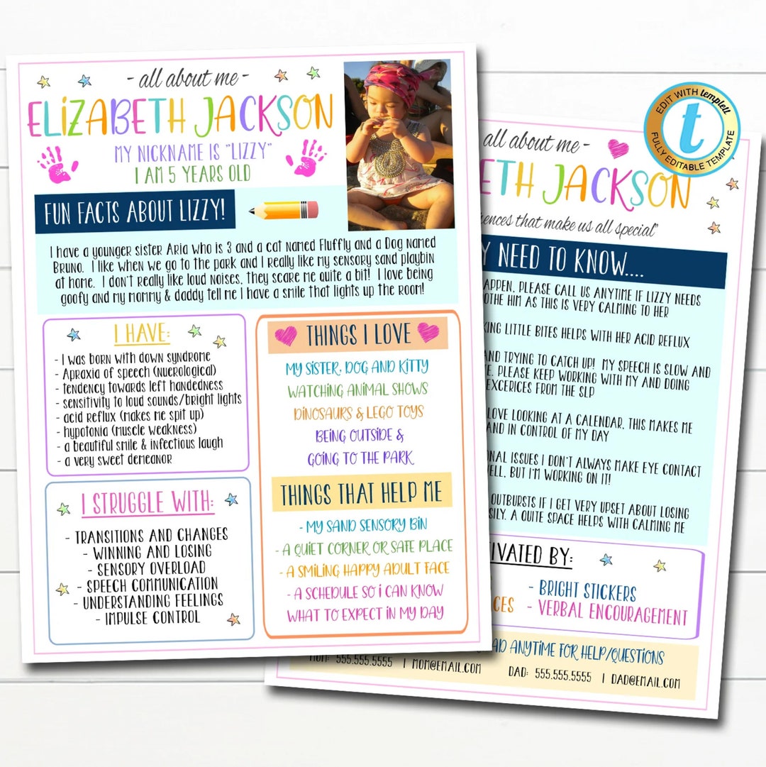 Back to School All About Me Child Info Template Teacher/therapist ...