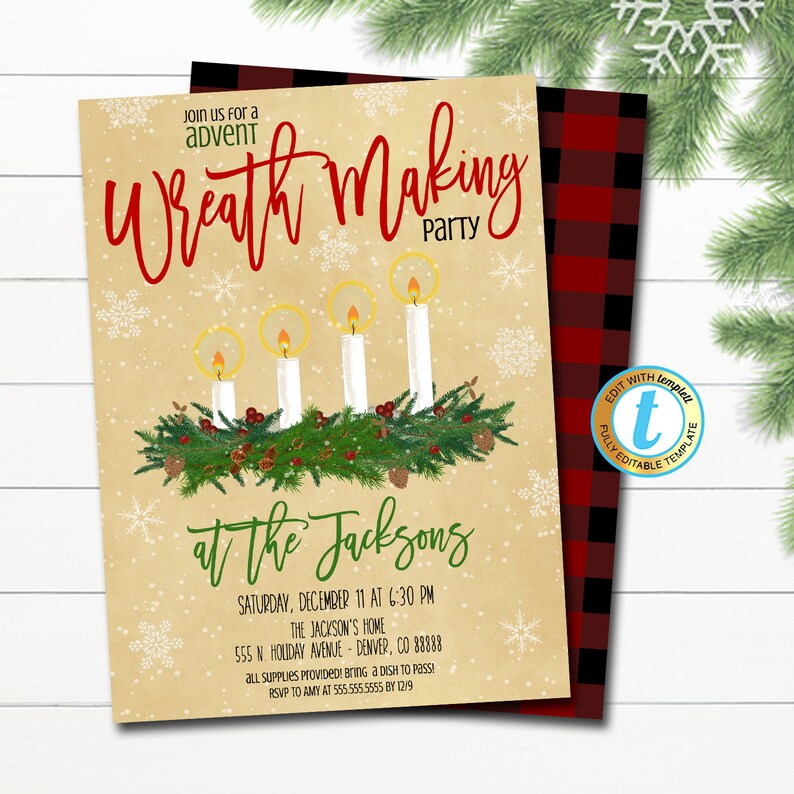 Christmas Wreath Party Invitation Candles Advent Wreath - Etsy