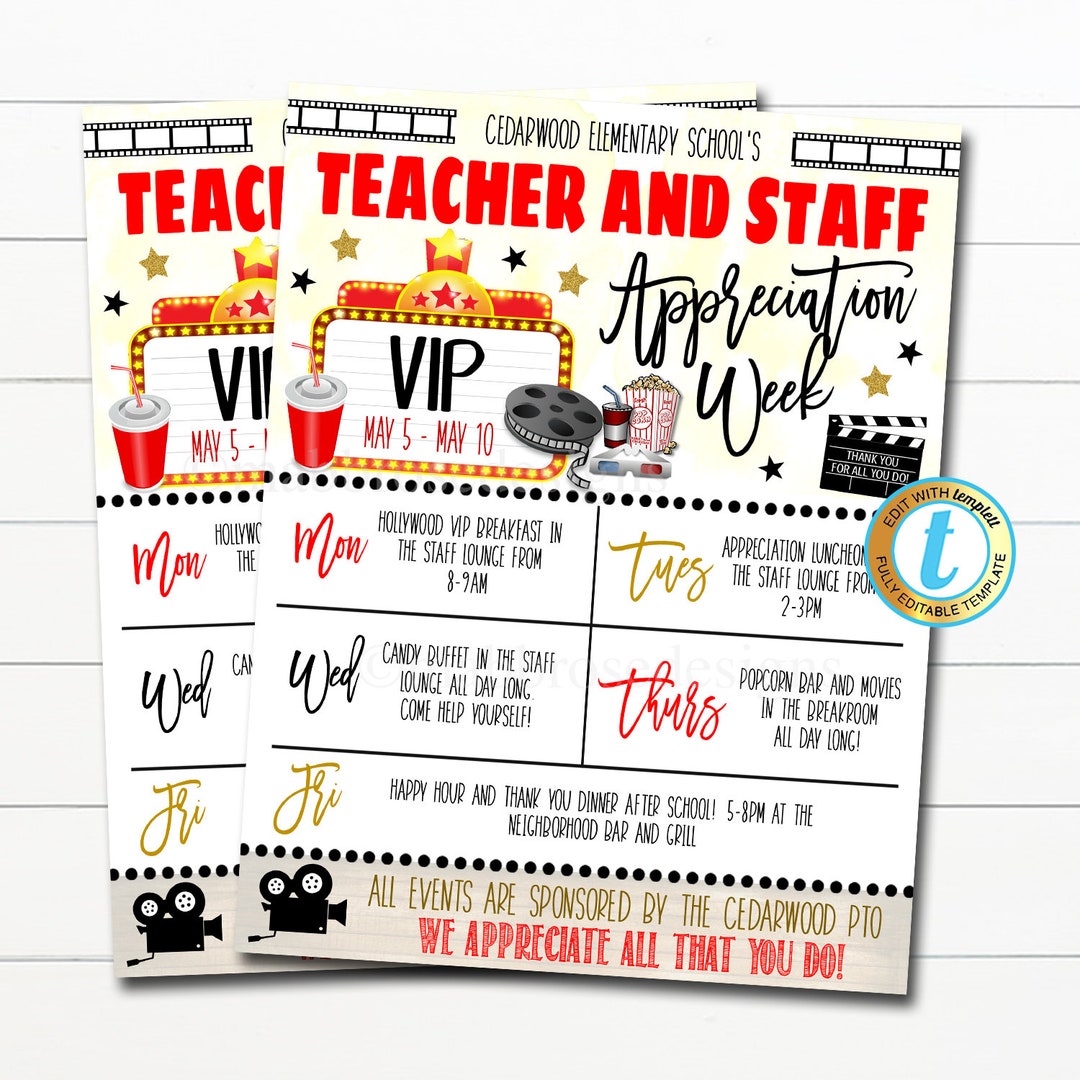 Hollywood Teacher Appreciation Week Itinerary Flyer Movie Theme You're ...