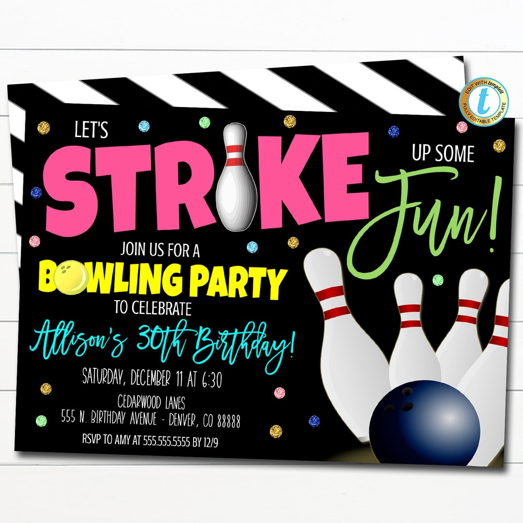 Bowling Party Invitation Adult Birthday Invite Strike Up Some Fun