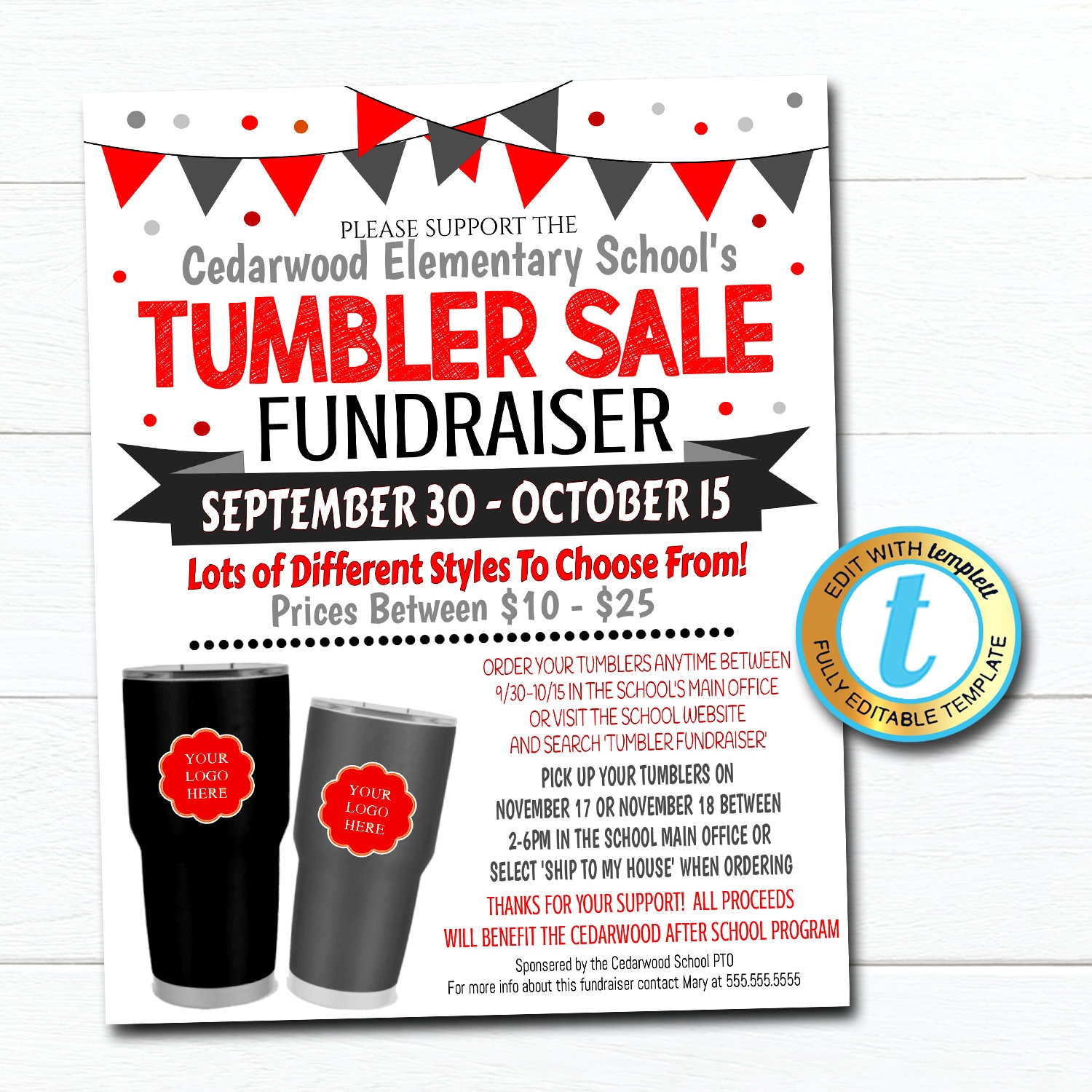 Tumbler Fundraiser Flyer, Coffee Cup to Go Mug Sales Invitation, School ...