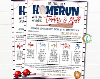 EDITABLE Baseball Teacher Staff Appreciation Week Itinerary Flyer, You ...