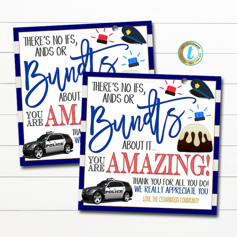 Police Bundt Cake Gift Tag, No Ifs Ands or Bundts, Emergency 911 ...