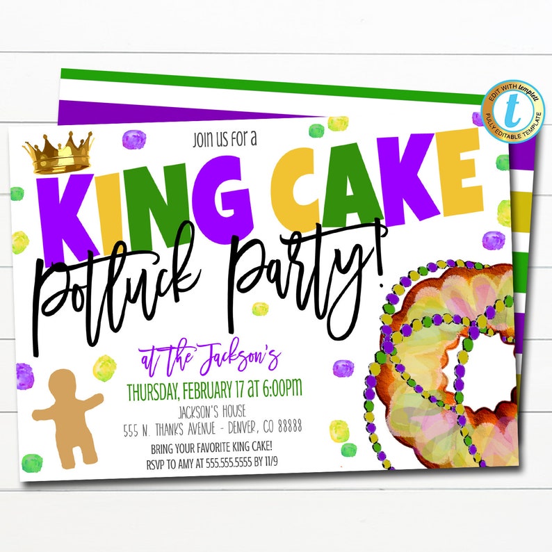 Mardi Gras King Cake Potluck Party Invitation Beads King Cake - Etsy