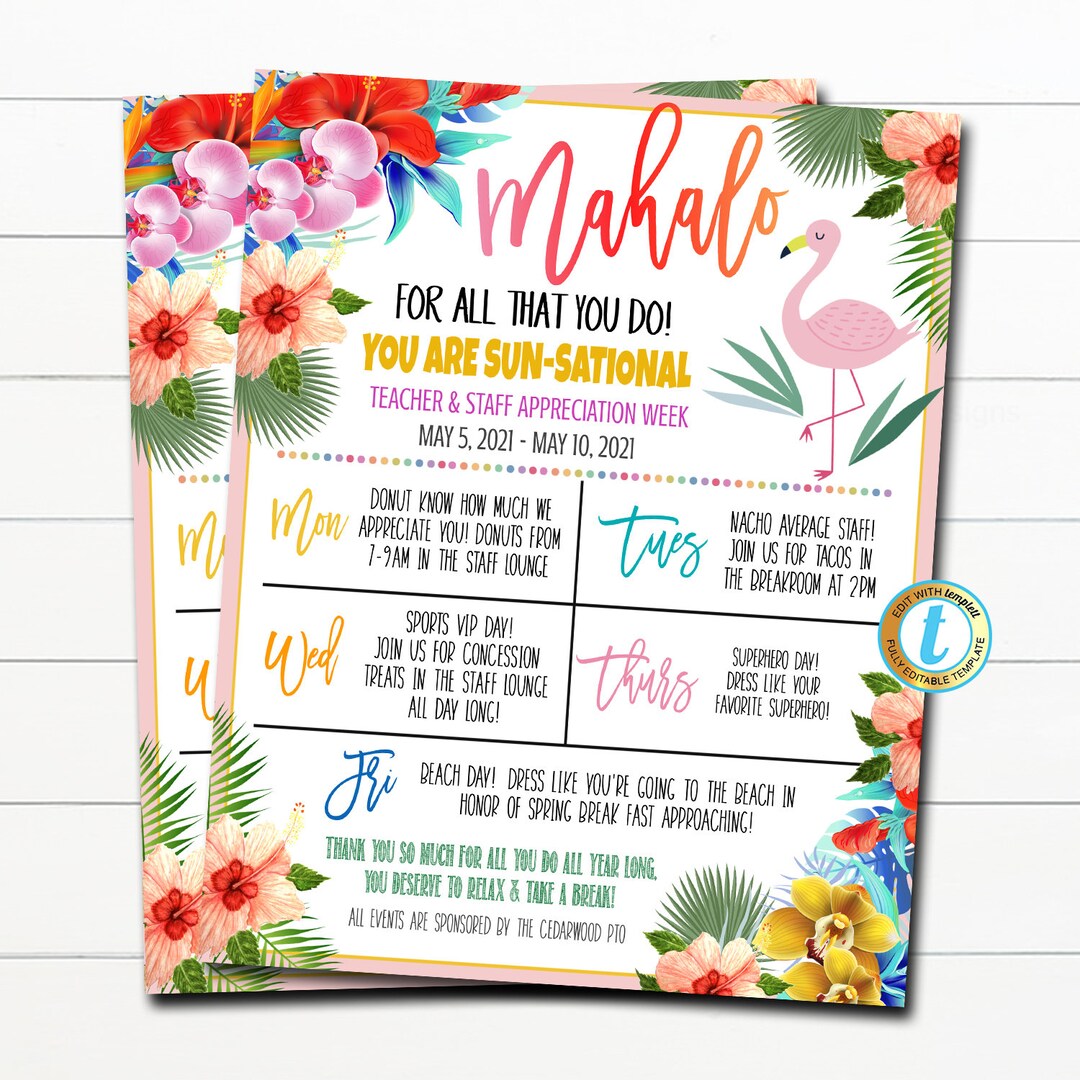Luau Teacher Appreciation Week Itinerary, Tropical Hawaii You Are Sun ...