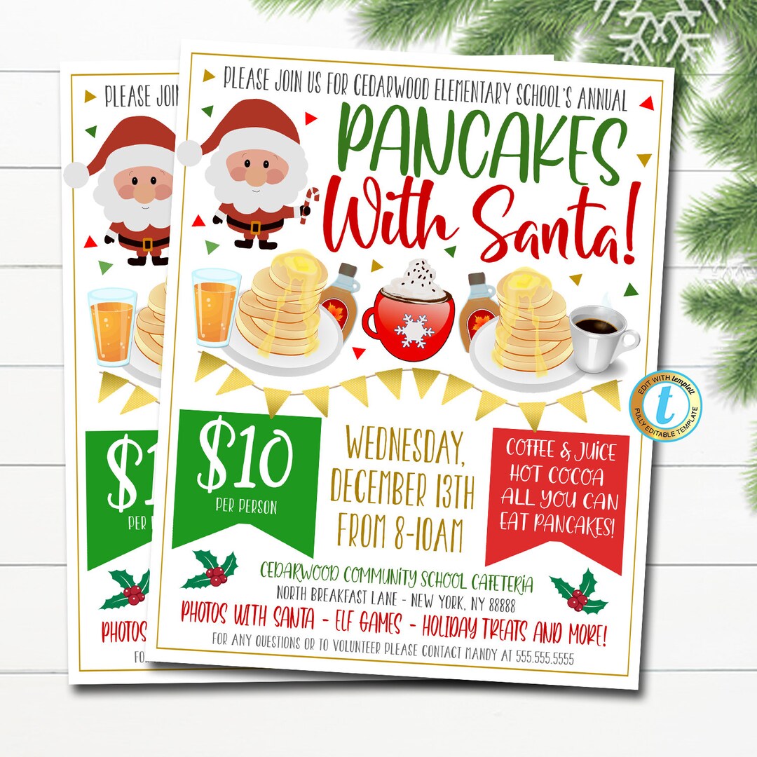 Pancakes With Santa Flyer, EDITABLE Template, Christmas Fundraiser, PTA ...