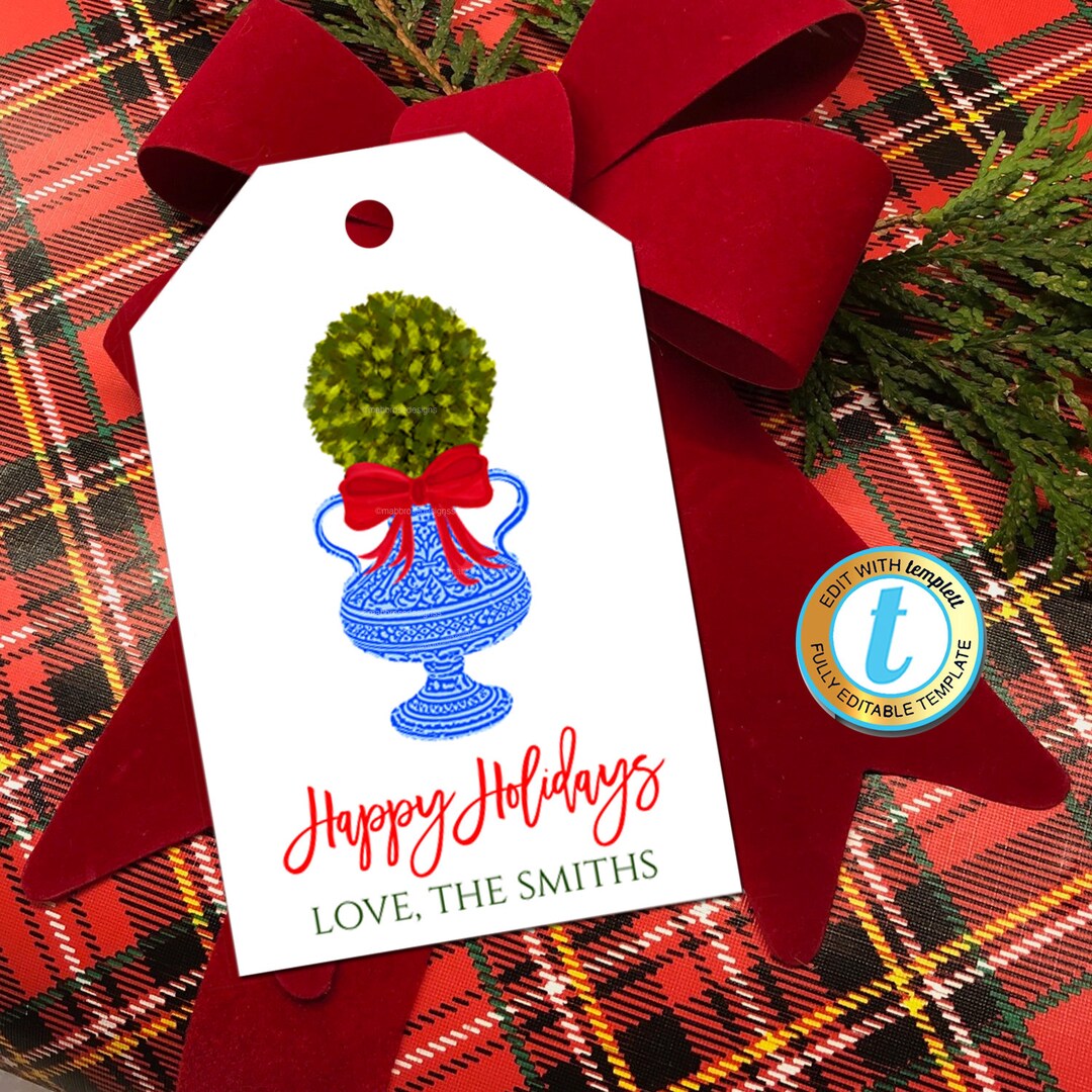 Christmas Ginger Jar Gift Tags, Boxwood Topiary Red Ribbon, Preppy ...