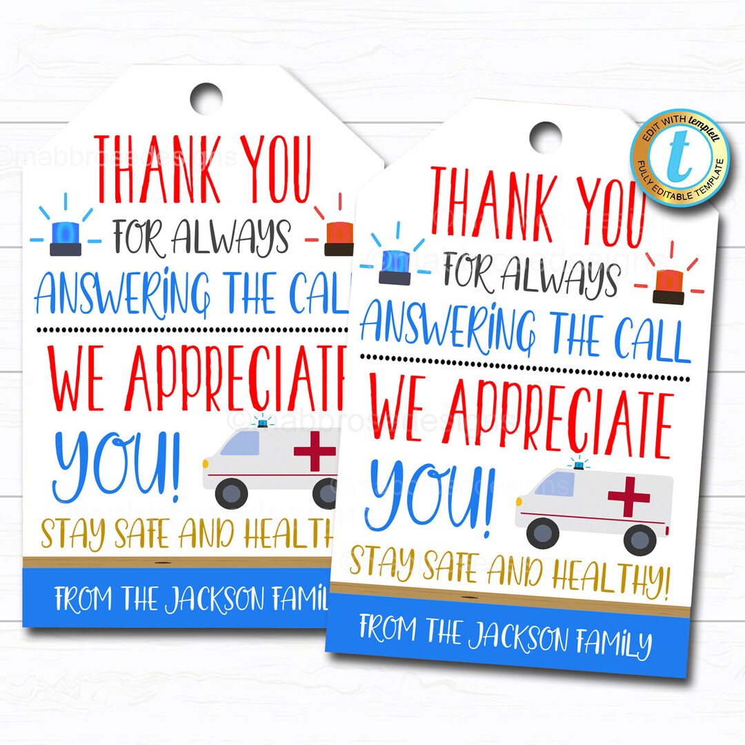 EMT Paramedic Appreciation Gift Tag, Thank You Gift First Responder ...
