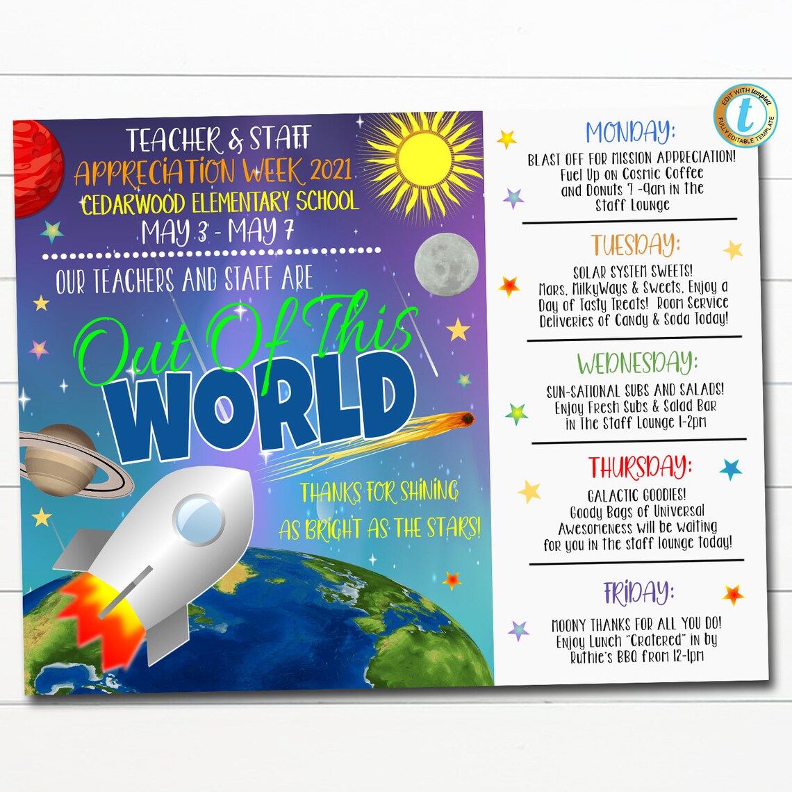 EDITABLE Space Theme Teacher Appreciation Week Itinerary Poster Digital ...