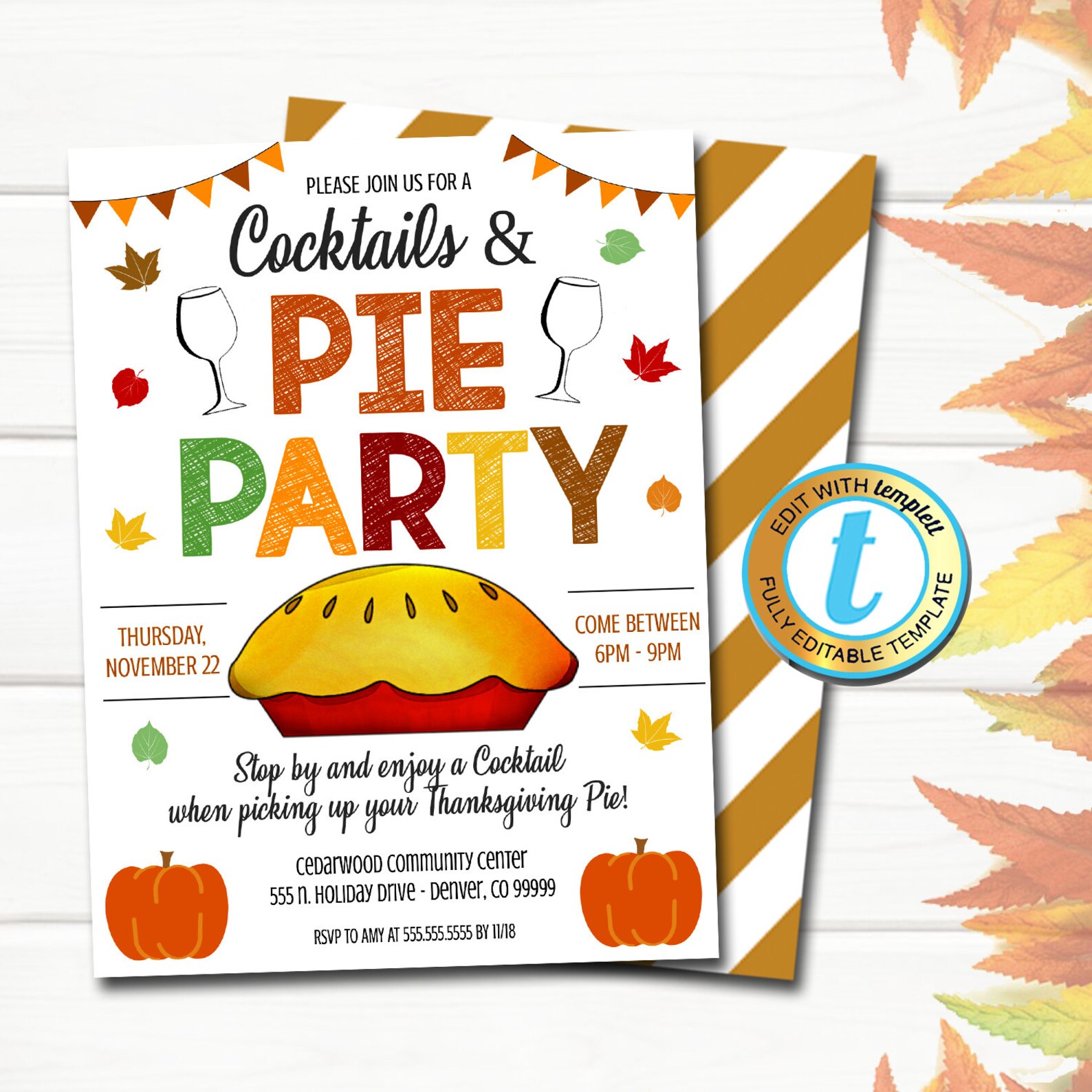 Pie Party Invite Editable Cocktails and Pie Party Flyer Fall - Etsy