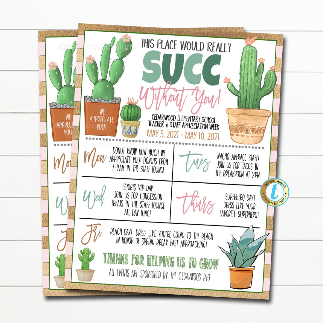 Teacher Appreciation Week Itinerary, Boho Succulent Grow Bloom Plant ...