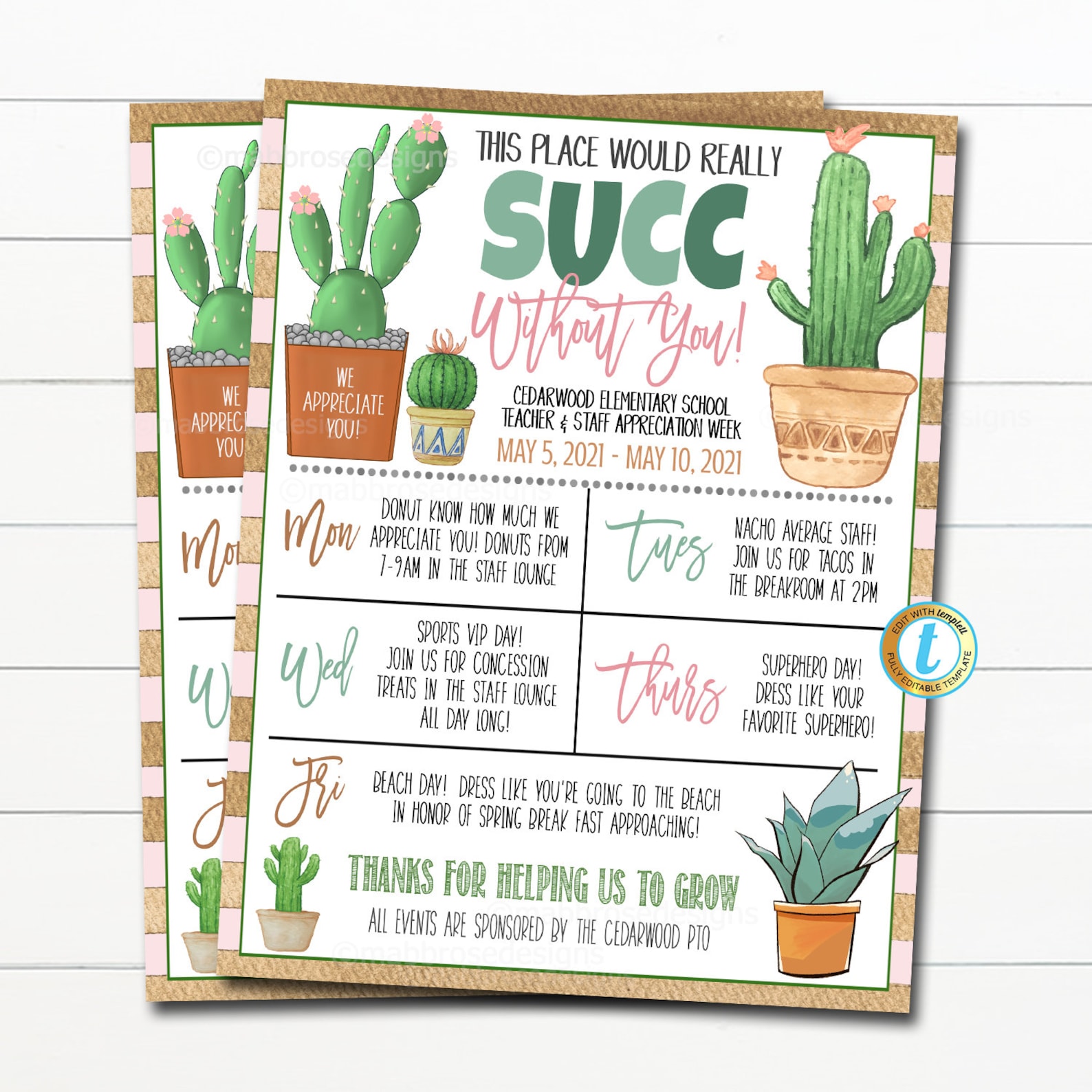 Teacher Appreciation Week Itinerary, Boho Succulent Grow Bloom Plant ...