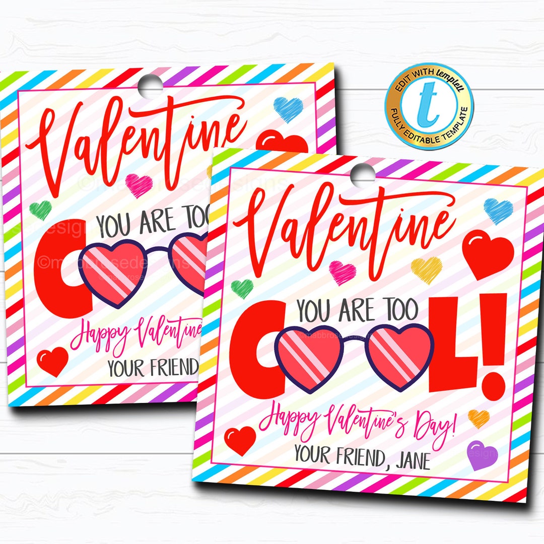 Valentine Sunglasses Gift Tags, You Are Too Cool, 80's Valentine Gift ...