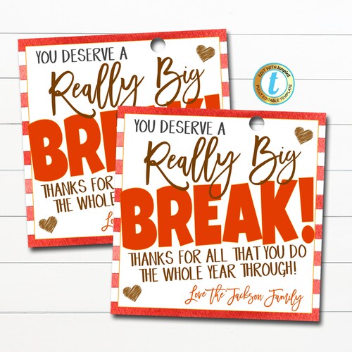 You Deserve a Break Kat Candy Gift Tag for Teacher Teacher - Etsy