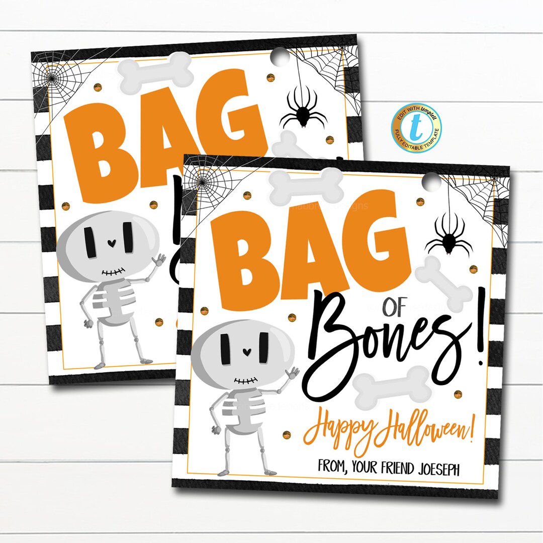 Halloween Gift Tags, Skeleton Bag of Bones Favor Tags, Kids Trick or ...