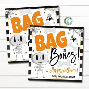 Halloween Gift Tags, Skeleton Bag of Bones Favor Tags, Kids Trick or ...