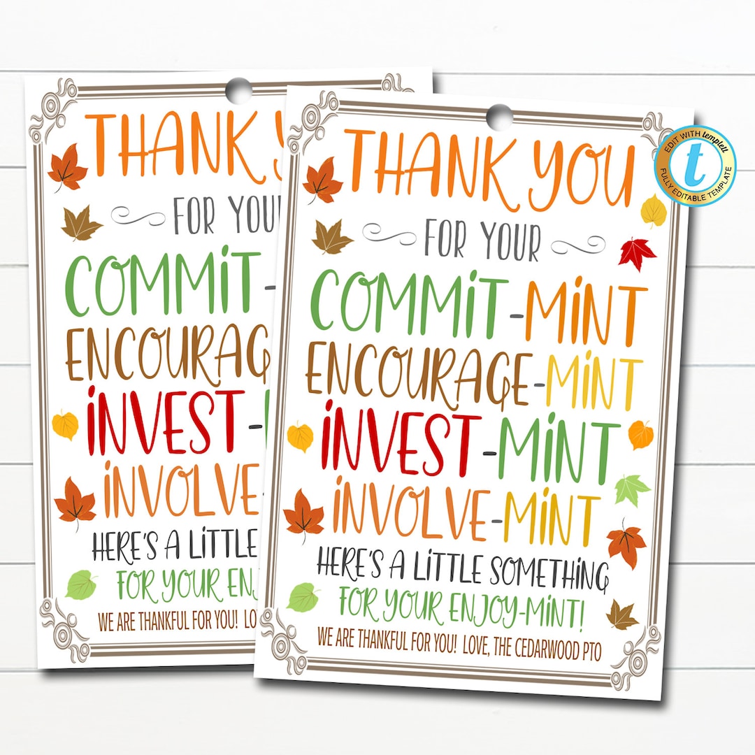 Fall Thank You Mint Tags, Volunteer Mint Labels, Thank You School Pto ...