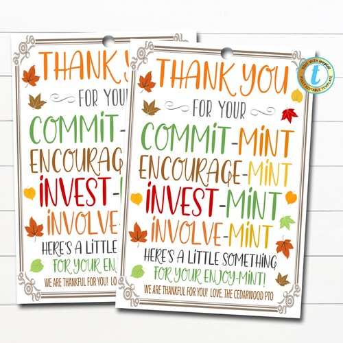 Fall Thank You Mint Tags Volunteer Mint Labels Thank You - Etsy