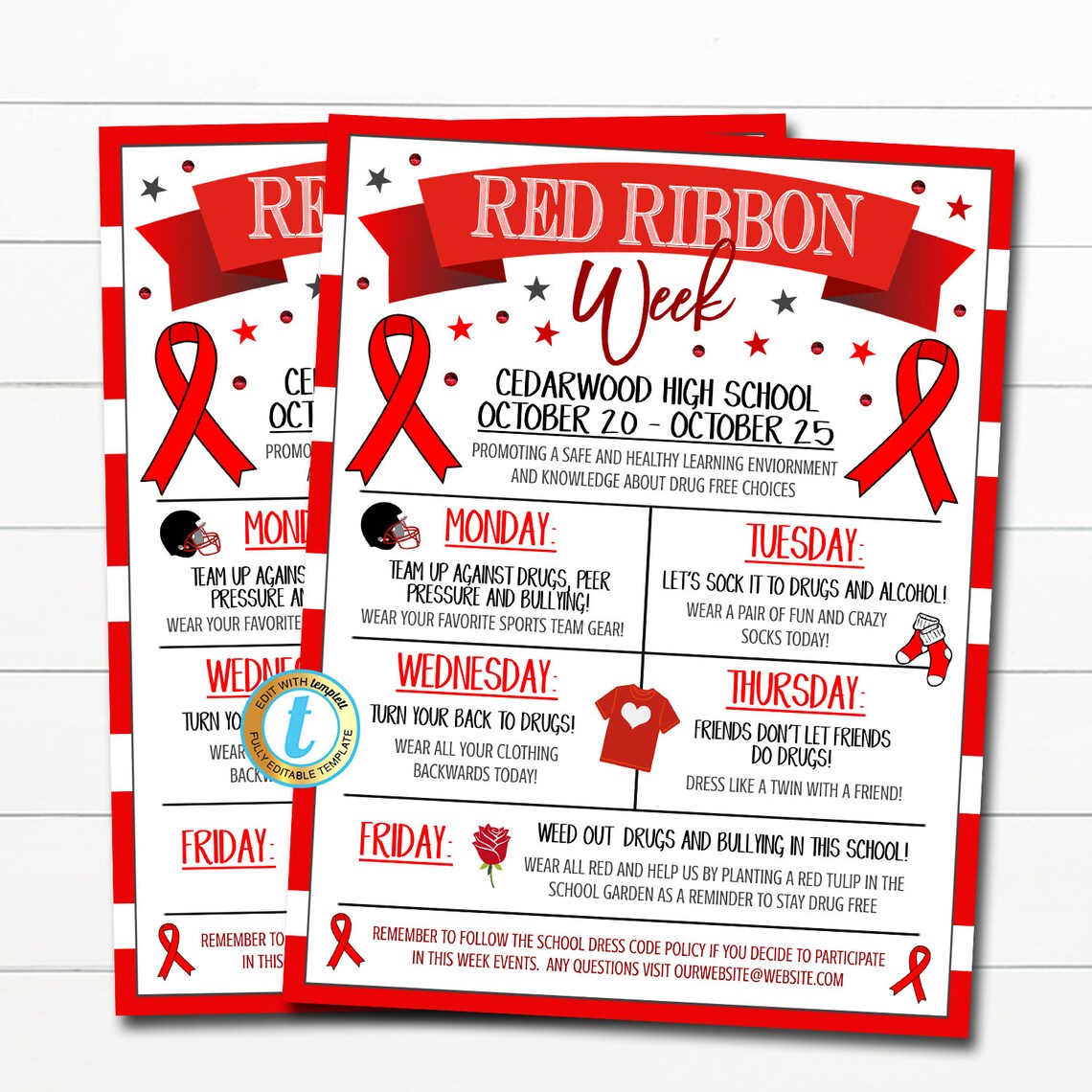Red Ribbon Week Itinerary Flyer, Drug Free Schools, Printable Editable ...