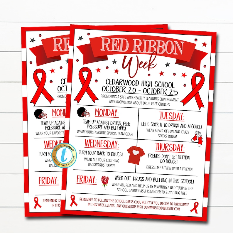 Red Ribbon Week Itinerary Flyer, Drug Free Schools, Printable Editable ...