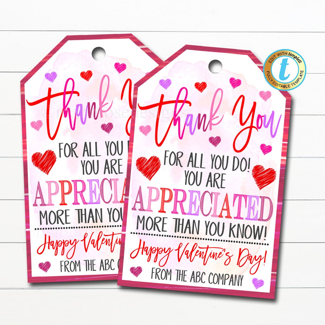 Valentine's Day Thank You Gift Tags, Teacher Staff Employee Nurse ...