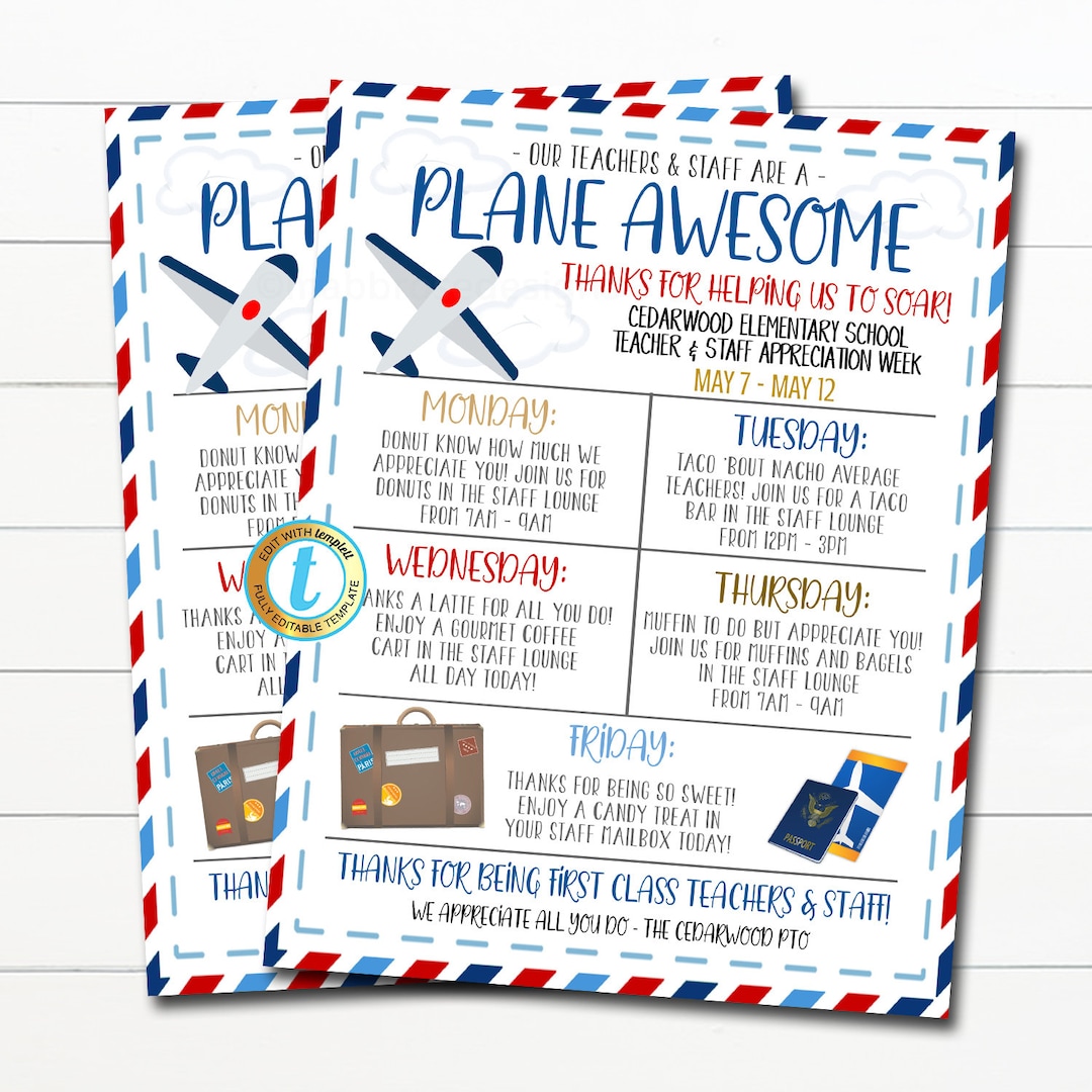 Travel Teacher Appreciation Week Itinerary, You Are Plane Awesome First ...