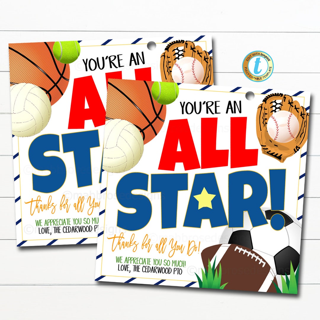 Sports All Star Vip Thank You Gift Tags, You're an All Star ...