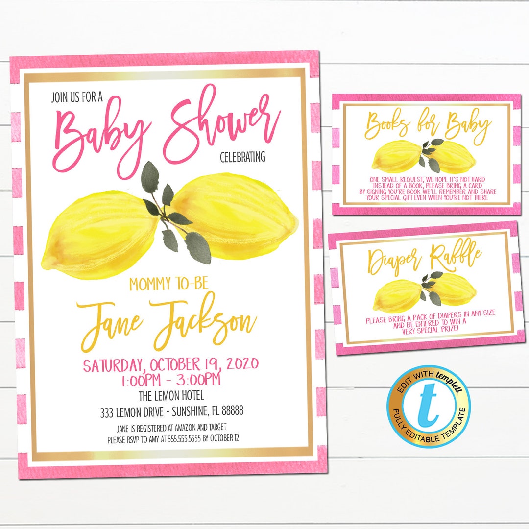 Lemon Baby Shower Set, Pink Lemonade Preppy Stripes, Summer Invitation ...